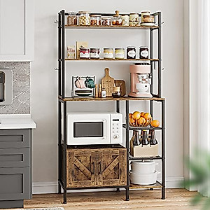 EnHomee 6-Tier Kitchen Bakers Rack with Hutch, Industrial Microwave Oven Stand with Shelves, Utility Storage Shelf with Cabinet & 8 Hooks, Hutch, Rustic Brown