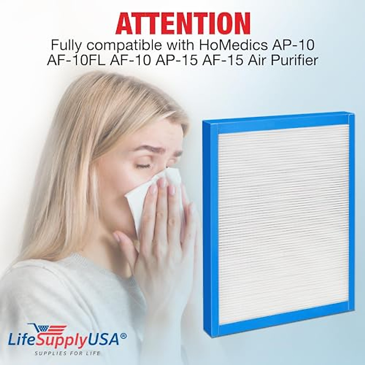 LifeSupplyUSA True HEPA Filter Replacement Compatible with HoMedics AP-10 AF-10FL AF-10 AP-15 AF-15 Air Purifier