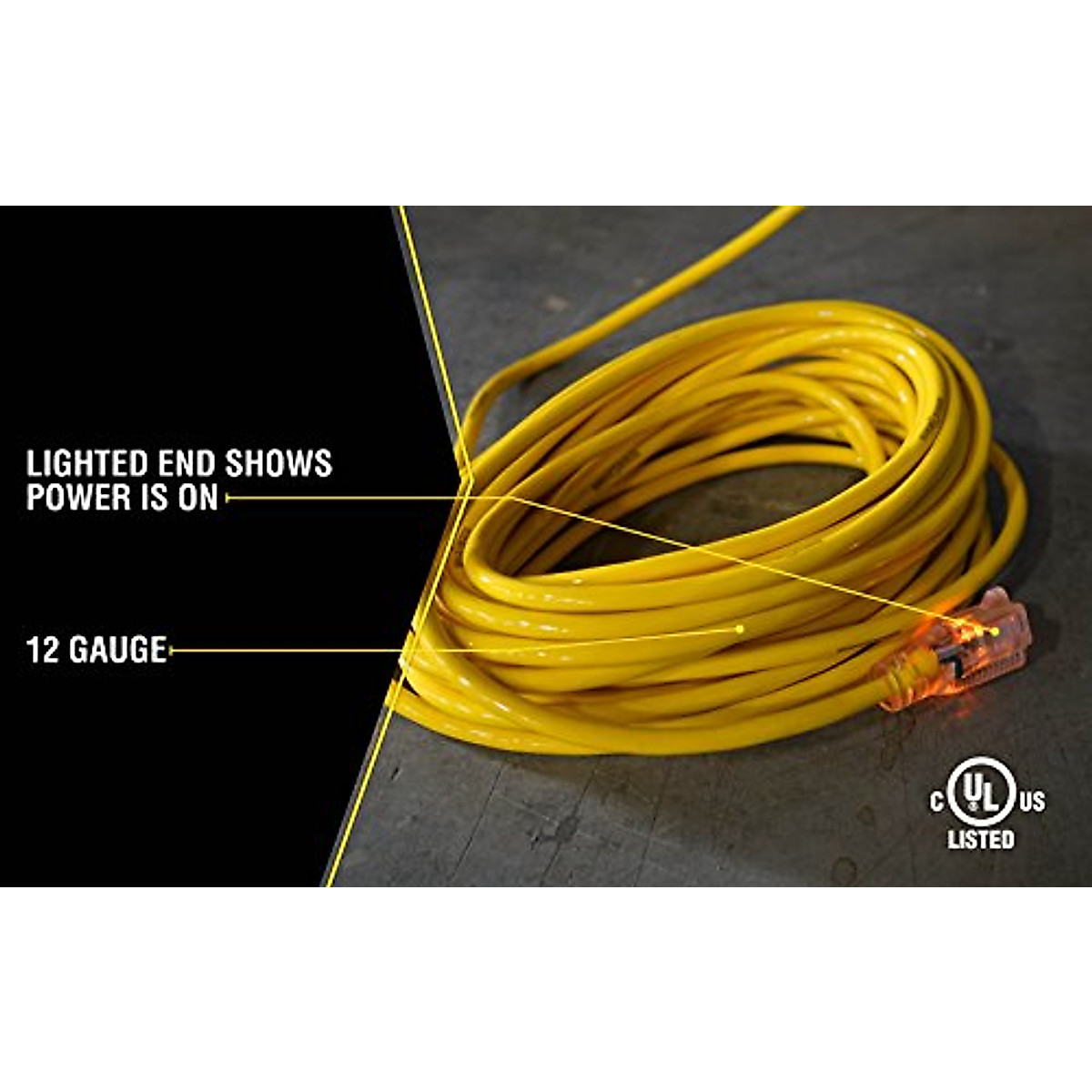 Yellow Jacket 2885 12/3 Heavy-Duty 15-Amp Premium SJTW Contractor Extension Cord with Lighted End, Ideal use With Heavy Duty Equipment and Tools, Durable Molded Plugs, 100 Feet, Yellow