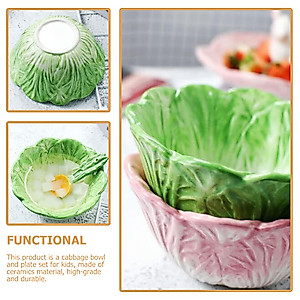 GANAZONO 1 Set Ceramic Cabbage Bowl with Plate Fruit Salad Bowl Cartoon Dinner Plate Soup Bowls Easter Food Snack Container for Kitchen Green Ramen Bowl