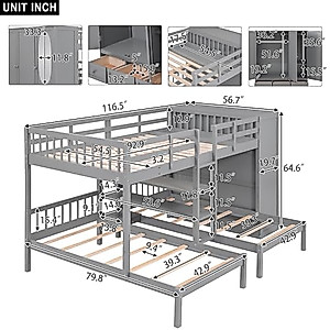 DEYOBED Full-Over-Twin-Twin Triple Bunk Bed with Large Wardrobe, Drawers and Shelves Storage, Wooden L-Shaped Bunk Beds with Mirror for Kids Teens Adults, Ideal Bedroom Furniture, Gray