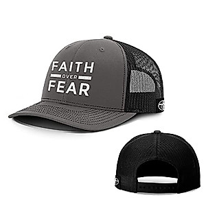 Our True God Faith Over Fear Back Mesh Hat Christian Inspirational Gift Baseball Cap (Charcoal Front Black Mesh) Medium-Large