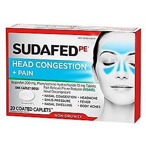 Sudafed PE Non-Drowsy Head Congestion + Pain Relief Caplets with Ibuprofen 200 mg & Phenylephrine HCl 10 mg, Nasal Decongestant & NSAID Pain Reliever & Fever Reducer, 20 ct