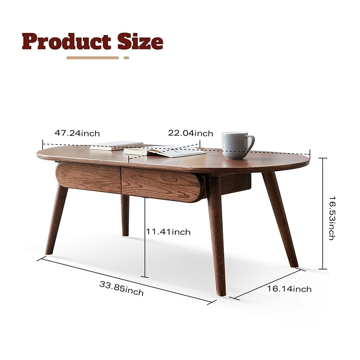 Vadisun Modern 100% FAS Oak Coffee Table - Unique Coffee Table & Space-Saving Wooden Coffee Table Easy Assembly (Walnut color with drawers)