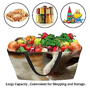 KQNZT Reusable Grocery Bags, Large Foldable Reusable Shopping Tote Bags Bulk for Groceries, Waterproof Kitchen Cloth Produce Bags with Long Handles, Cute Cat