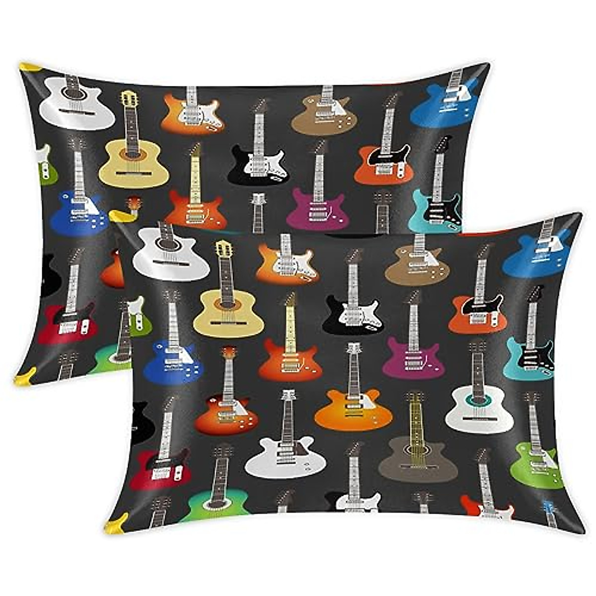 Music Pattern with Guitar Satin Pillow Cases Silk Satin Pillowcase for Hair and Skin Standard Set of 2 Super Soft Silk Pillowcase with Envelope Closure (20x26 in)