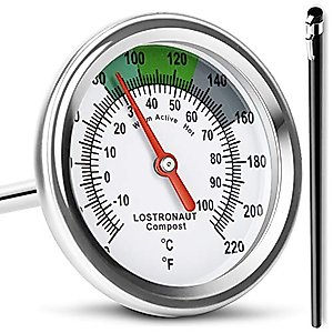 Long Stem Compost Soil Thermometer - Fast Response Stainless Steel 16 Inch - Fahrenheit and Celsius - Includes Protective Sheath and Composting Guide