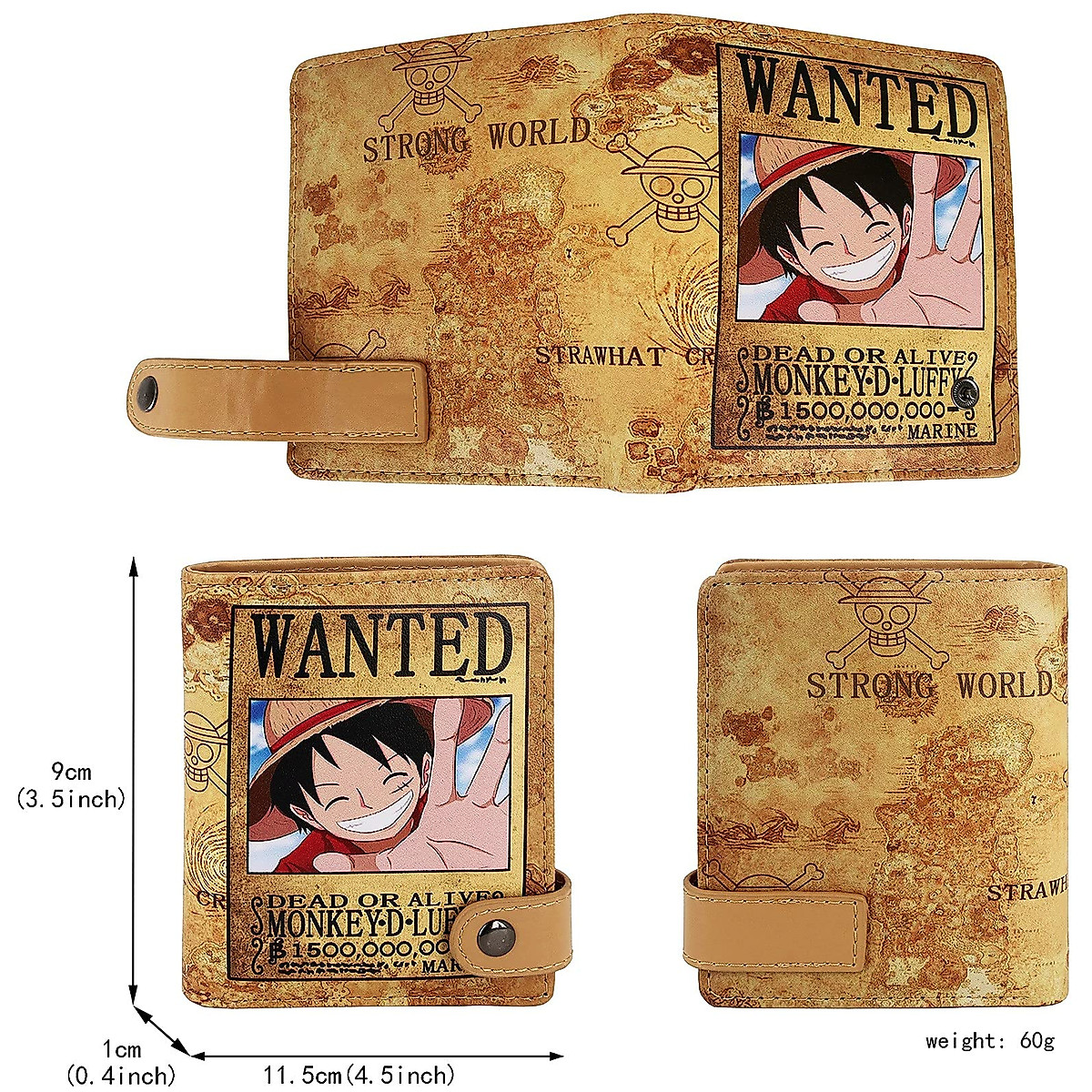 Roffatide Anime Luffy Wallets for Boys Bi-Fold Short Faux Leather Wallet Travel Slim Wallet with Zip Coin Pocket Khaki