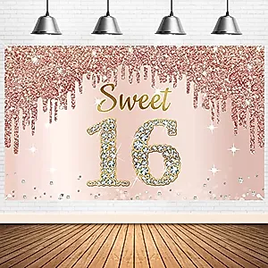 Happy Sweet 16th Birthday Banner Backdrop Decorations for Girls, Rose Gold Sweet 16 Birthday Party Sign Supplies, Pink Sweet Sixteen Birthday Poster Background Photo Booth Props Decor