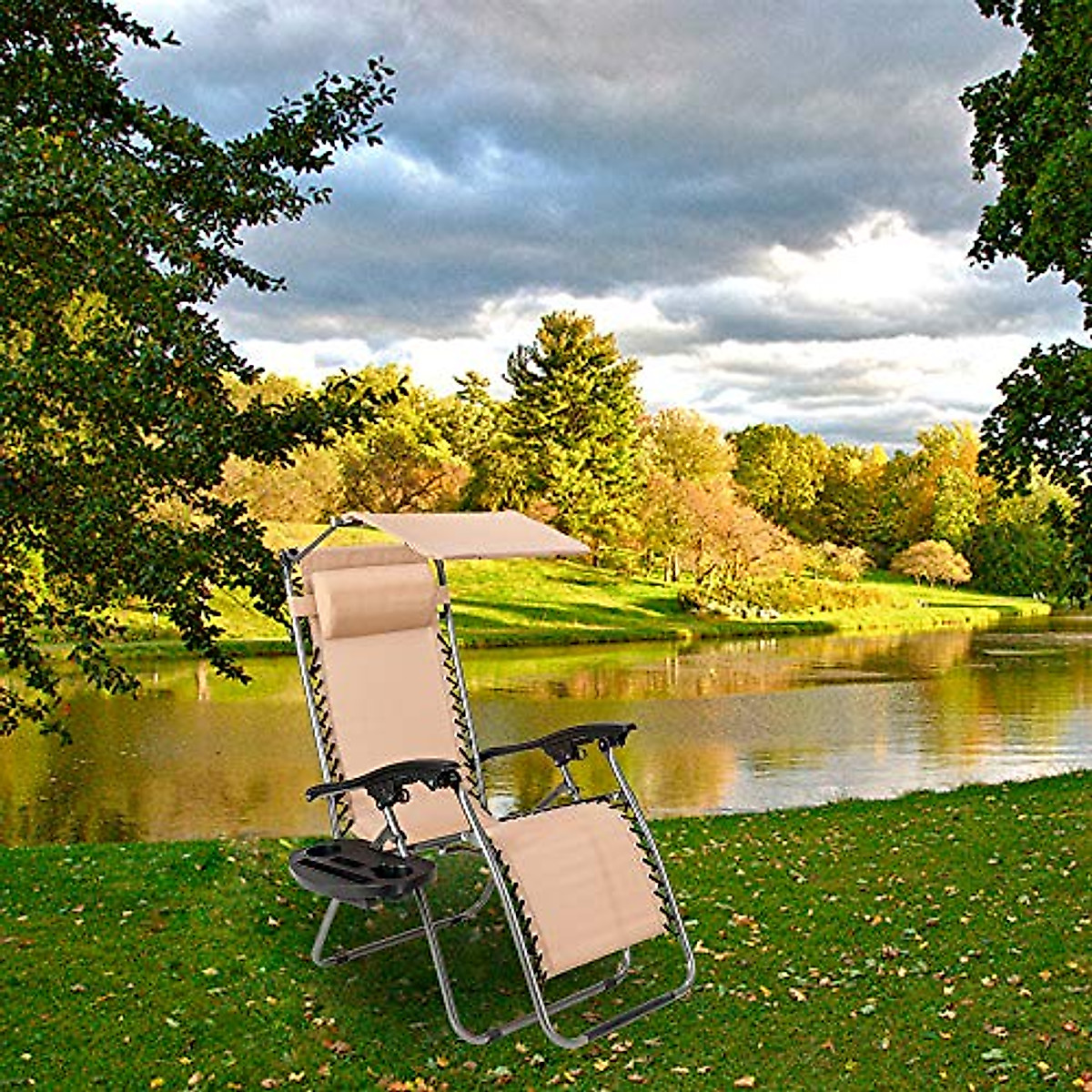 Set of 2 Non-Gravity Outdoor Lounge Chairs Sunshade Cup Holder Mobile Slot Folding Patio Chairs Canopy Tray (LEGENDARY-YES)