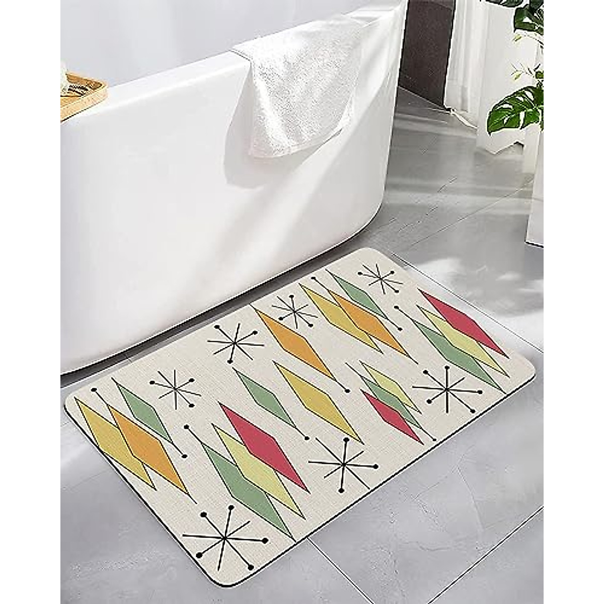 Modern Lines Bath Mat for Bathroom Rugs Non Slip, Bath Mat Quick Dry Absorbent Bath Rug, Thin Rubber Backed Easy to Clean, Retro Middle Century Geometry Diamond 20"x32"