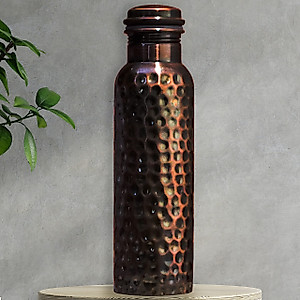 Craft Trade Ayurveda Copper Water Bottle for Drinking 32oz Antique Black Pure Copper Water Bottle Pitcher Travel Water Bottle for Gym,Office, Hiking, Outdoor -Ayurvedic Hammered Water Bottle with Lid