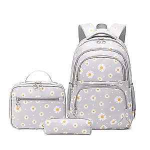 YJMKOI 3Pcs Daisy Prints Backpack for Girls Middle-School Elementary Students Bookbag Set with Lunch Box (Grey)