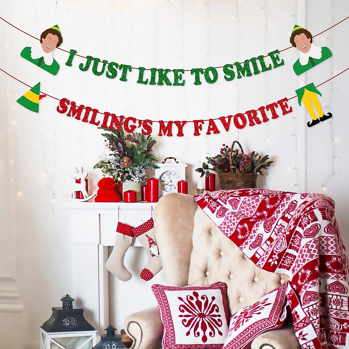 Funny Elf Christmas Decorations, Novelty Buddy The Elf Party Banner Decor Supplies, Holiday Hanging Sign for Fireplace Mantle Wall Decor, Christmas Party Photo Booth Backdrop - I Just Like to Smile