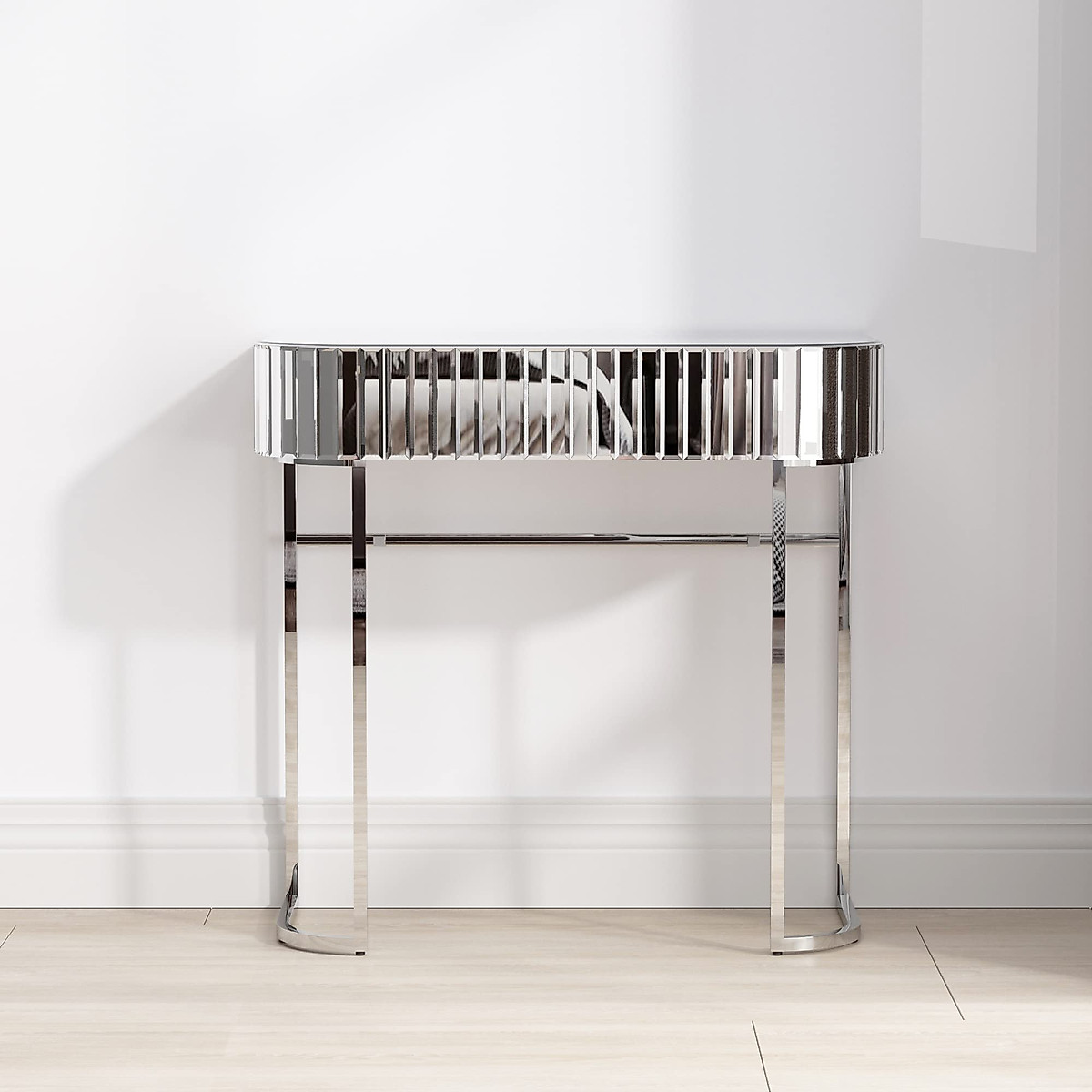 intahic Mirrored Dressing Table Makeup Vanity Table Mirrored Console Table Stainless Steel Base Frame with 1 Drawer for Women Home Office Desk bedroom furniture (A-mirrored)