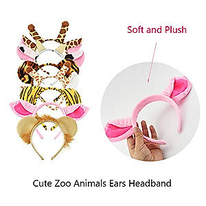 12 Pcs Zoo Animals Ears Headband Jungle Safari Animals Hairbands Plush Cartoon Headbands Elephant Lion Giraffe Tiger Zebra Leopard Cow Pig Ears Cosplay Hair Hoop for Birthday Halloween Costume Party