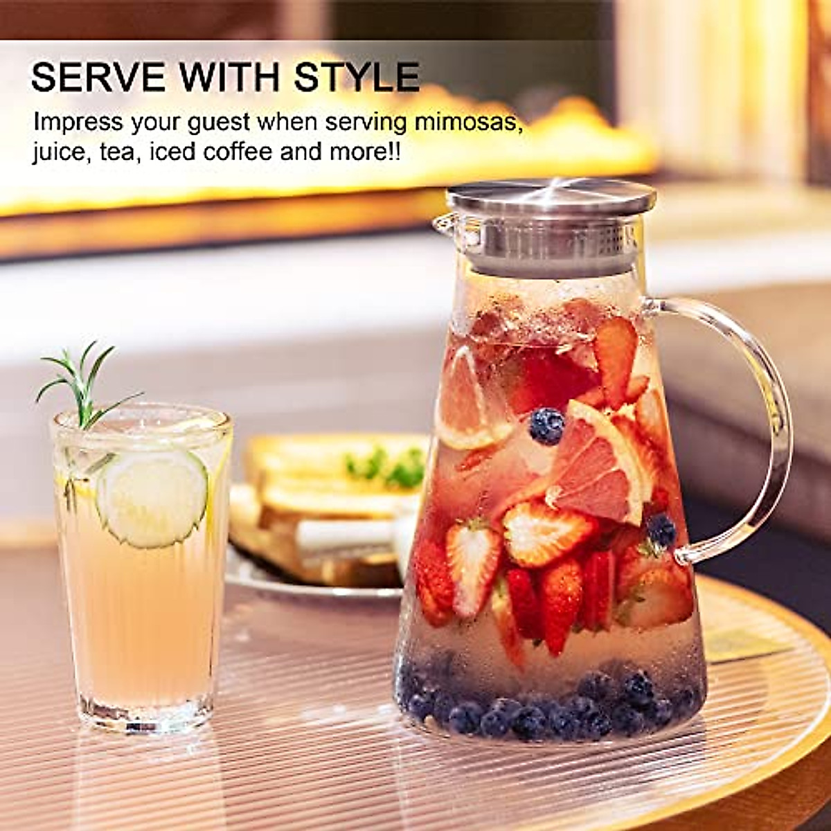 SUSTEAS 2.0 Liter 68oz Glass Pitcher with Lid, Easy Clean Heat Resistant Glass Water Carafe with Handle for Hot/Cold Beverages - Water, Cold Brew, Iced Tea & Juice, 1 Free Long-Handled Brush Included