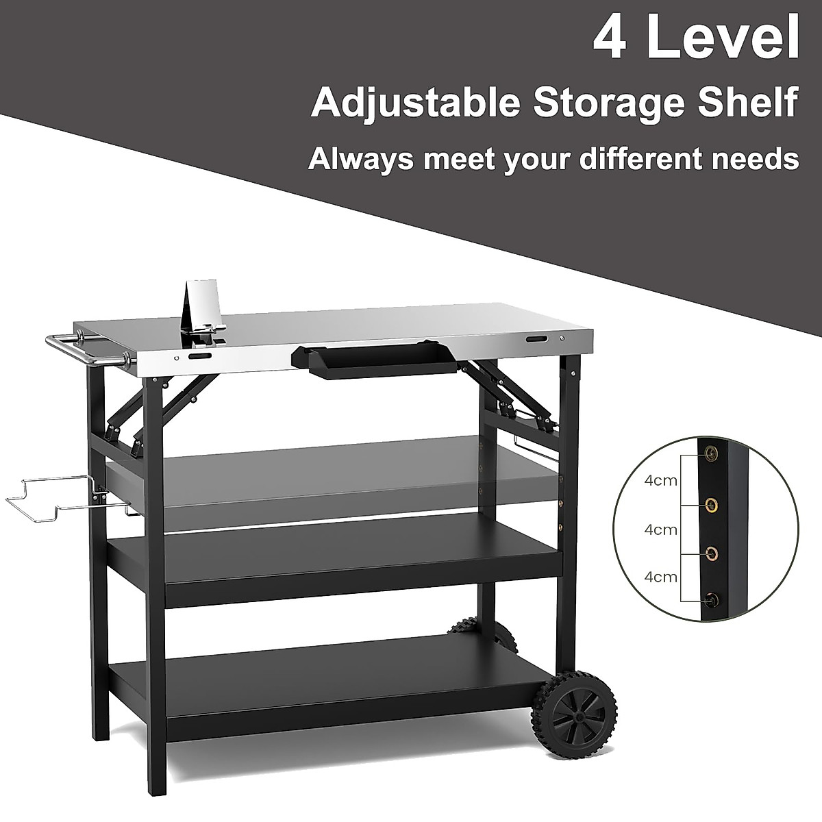 ERGOMASTER Grill Cart Table, Outdoor Kitchen Island, Food Prep Table with Adjustable Shelf, Stainless Steel Table Top, Cooking Table for Outside BBQ