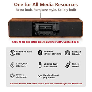 KEiiD CD Player with Speakers Bluetooth for Home Stereo System Boombox FM Radio USB SD AUX Remote Control, 28 Inch Long 20 Pounds Weight