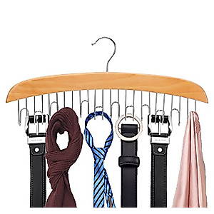 Belt Hanger for Closet, 360° Rotating Wood Belt Organizer with 12 Chrome Hooks, Resovo Space Saving Durable Hanging Closet Rack for Belts, Tank Tops. Accessories Holder for Ties, Scarves-Wood