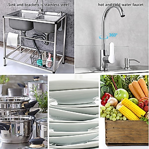 Outdoor Kitchen Sink Station,Stainless Steel Utility Sink,Portable Hand Washing Sink,Double Bowl Freestanding Commercial Laundry Sink with Faucet,for Restaurant,Bar,Camping,Garage,Workshop,Indoor ( Si