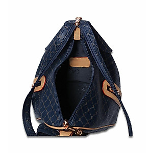 Rioni STA-20082 Designer Signature Navy Blue Canvas Leather Backpack With Zipper Strap