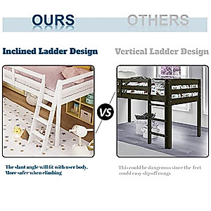 Bonnlo Low Loft Bed Full Size with Inclined Stairs, Junior Loft Bed with High Guard Rail for Kids/Young Teens/Adults, Solid Wood Low Bunk Bed Full Size White, 2 Center Beams, No Box Spring Required
