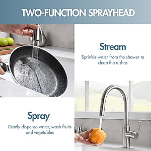 Kitchen Faucet with Pull Down Sprayer OUEN Brushed Nickel Modern Single Handle High Arc Pull Out Kitchen Sink Faucets with Deck Plate for Laundry RV Farmhouse, Brass Structure, 15.7" Height