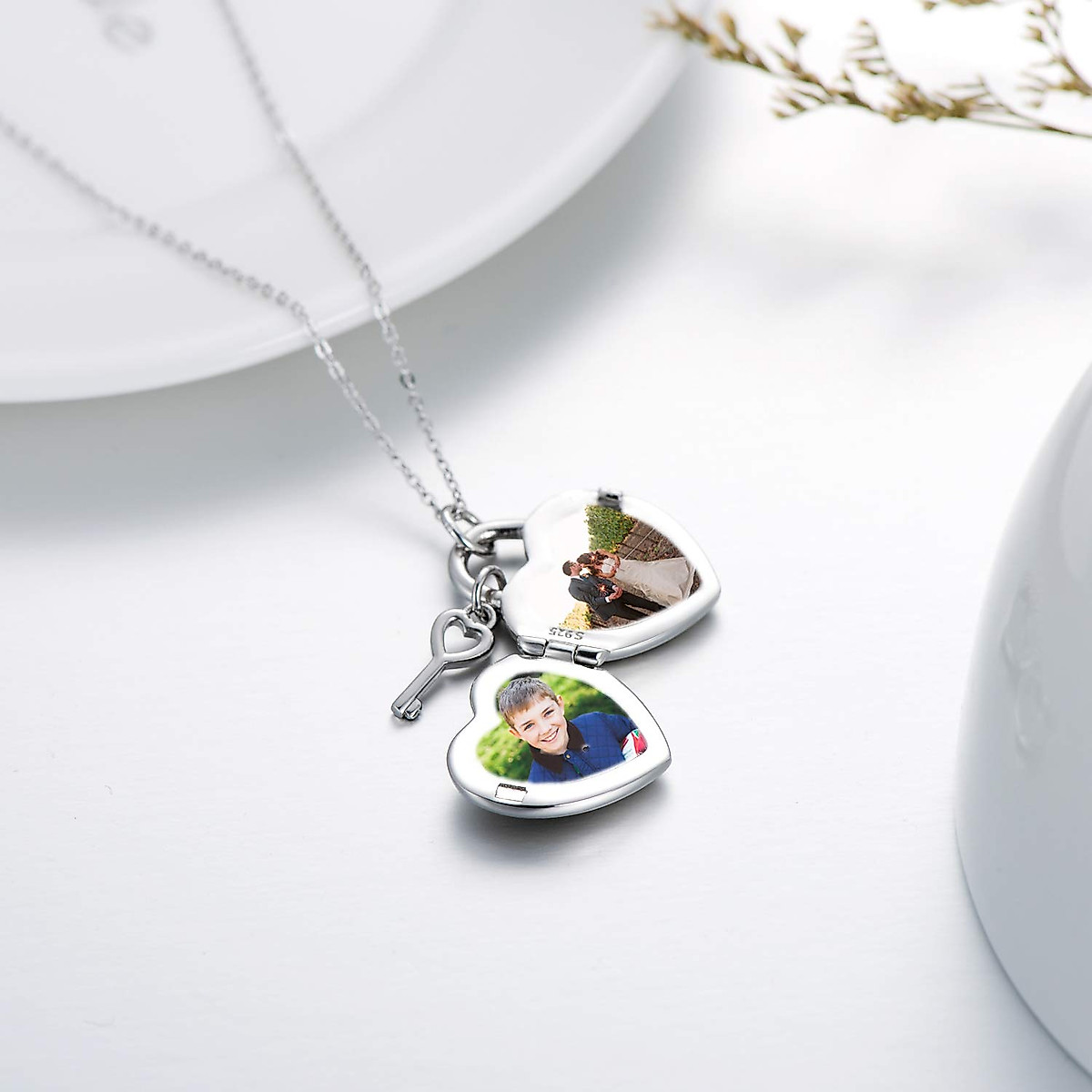 Personalized Sterling Silver Heart Locket Necklace That Holds Pictures Lock And Key Pendant for Women Mom (Lock & Key Necklace + Photos)