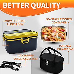 Aotto Electric Lunch Box, 90W Heated Lunch Box, 2L Stainless Steel Heated Lunchbox for Adults, 12/24/110V Self Heating Portable Food Warmer for Car/Truck/Work, Lonchera Eléctrica Portátil Food Heater