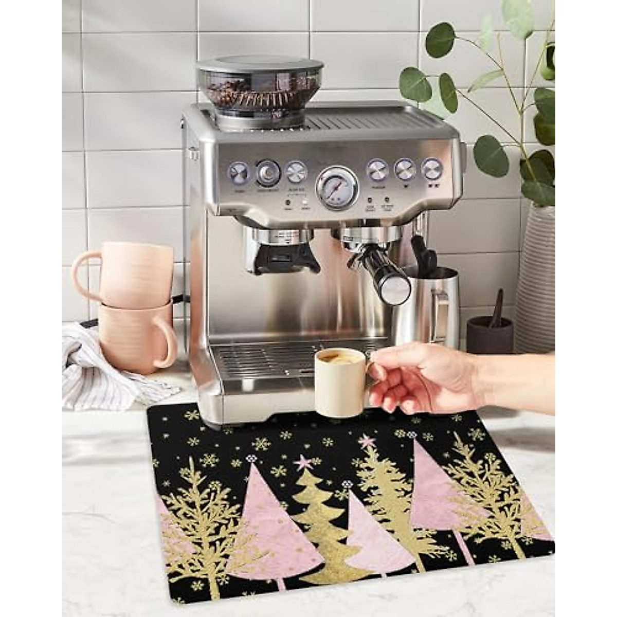 Coffee Mat for Counter, Pink Gold Christmas Tree Winter Snowflake Black Absorbent Hide Stain Coffee Bar Mat, Non-slip Coffee Bar Accessories Kitchen Drying Mat Fit Under Coffee Maker Espresso Machine