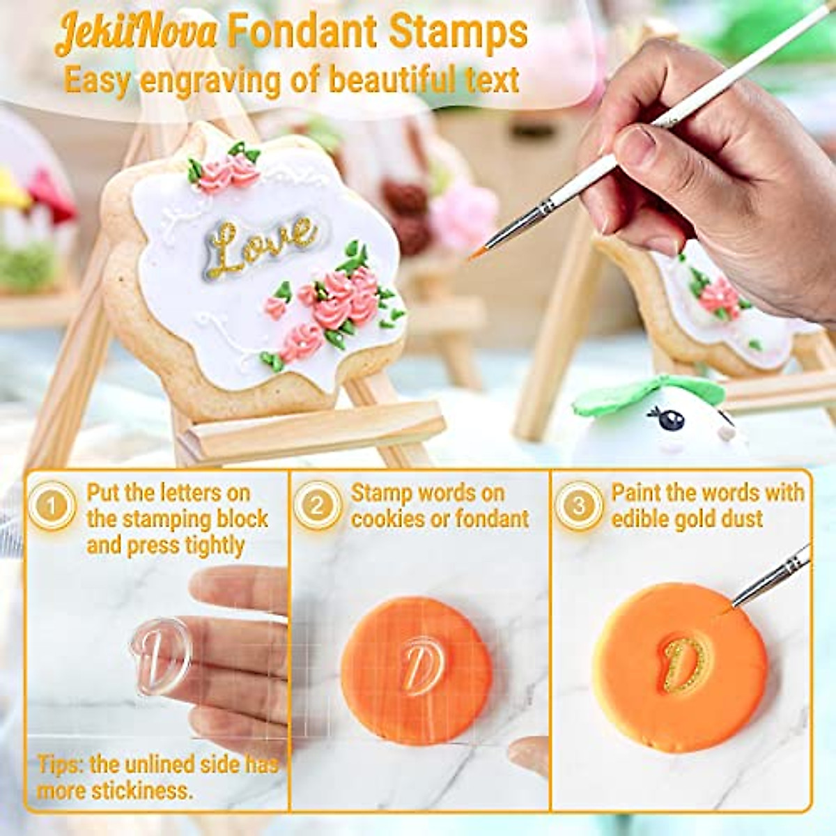 4PCS Alphabet Cake Stamps Tool for Fondant Cookie Biscuit, Pretty Handwriting Food Grade Fondant Letter Stamp Uppercase Extra Spare Lowercase Numbers Words Reusable Cookie Stamp for Christmas Party