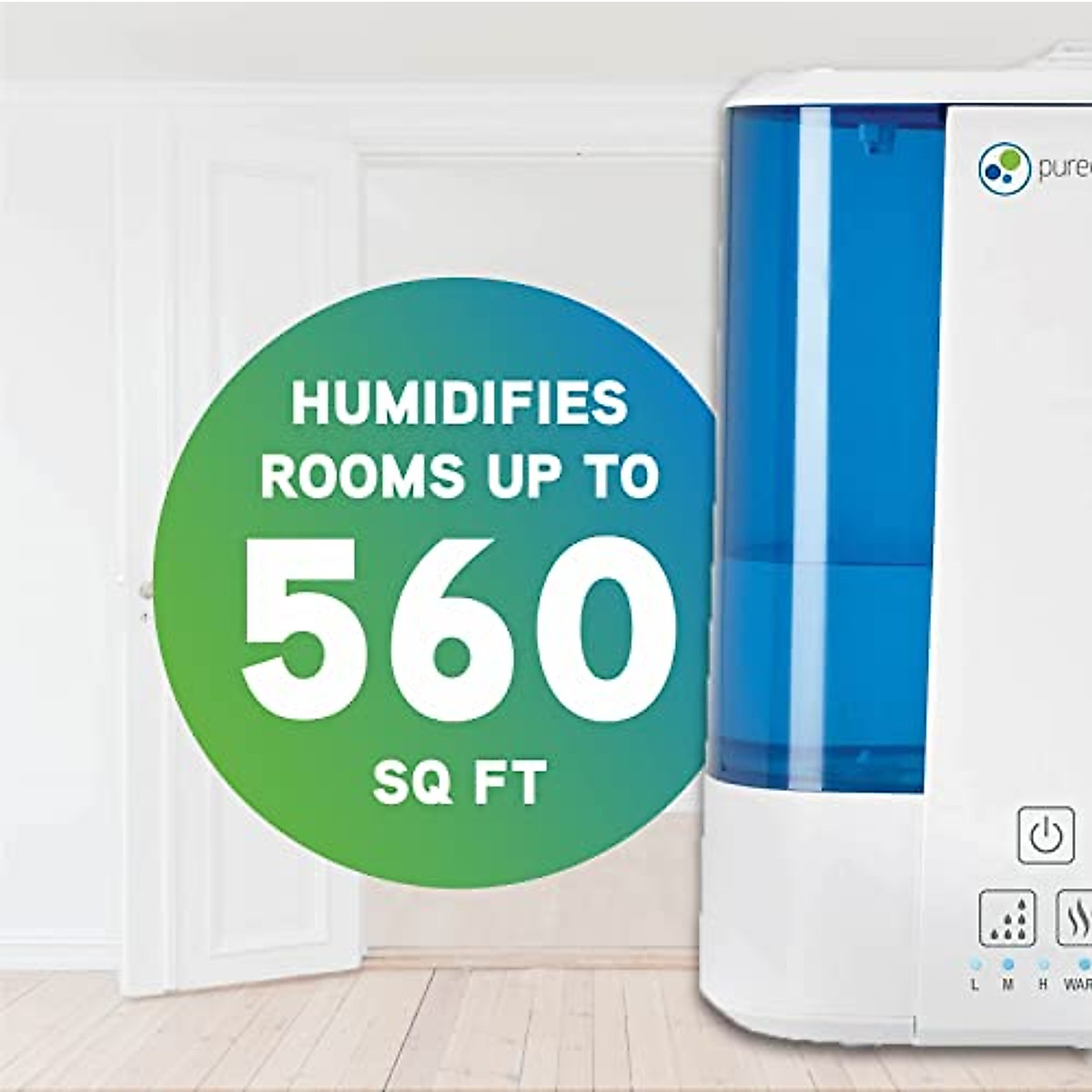 PureGuardian H5225WCA Ultrasonic Warm & Cool Mist Humidifier, 100 Hrs. Run Time, 2 Gal. Tank, 560 Sq. Ft. Coverage, Quiet, Filter Free, Silver Clean Treated Tank, Essential Oil Tray, White/Blue