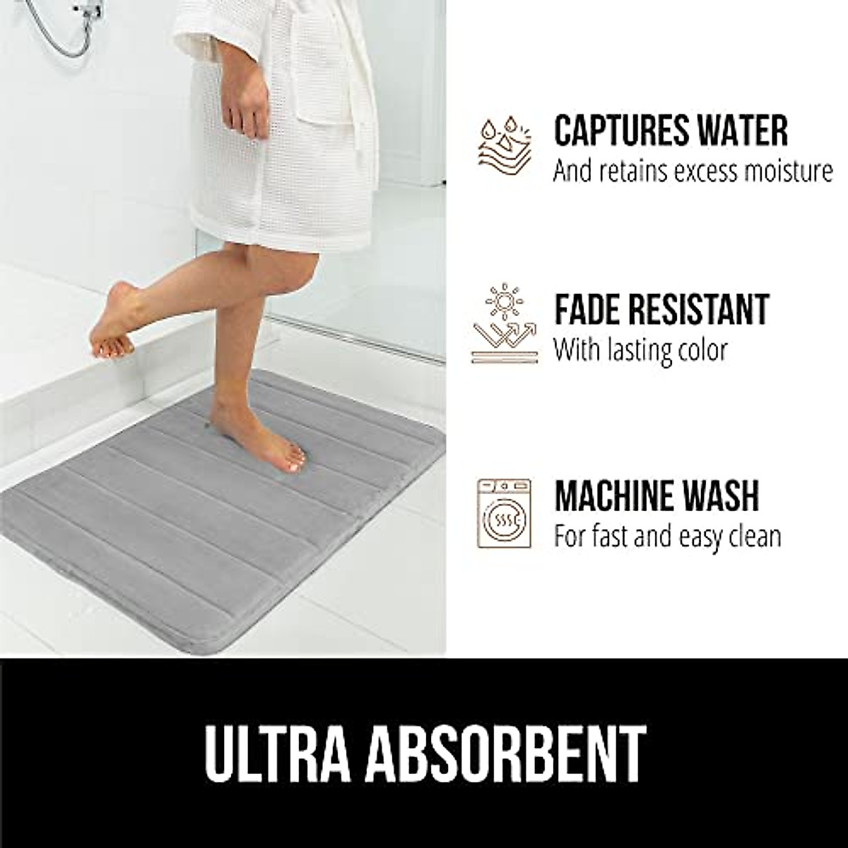 Gorilla Grip Thick Striped Memory Foam Bath Rugs, Soft Absorbent Velvet Bathroom Mats, Dots on Underside, Machine Washable Bathmat, Carpet Rug Room Décor for Shower Floor, 24x17 Mat, Gray