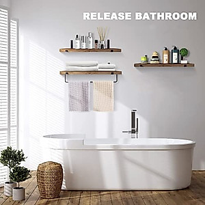 iPeTata Floating Shelves, Wall Mounted Rustic Wood Wall Storage Shelves for Bathroom, Bedroom, Kitchen, Living Room, Office and Coffee Bar Wine Bar, with Towel Bar and 5 Hooks, Set of 3 (Brown)