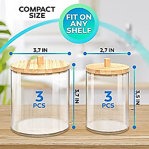 Clear Plastic Apothecary Jars with Lids - Premium Acrylic Qtip Holder Bathroom Set (6 Pack) - 10 Oz Bathroom Canisters for Cotton Ball, Cotton Swab and Cotton Round Pads - Compact Qtip Dispenser