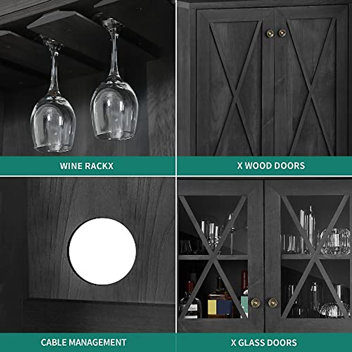 YITAHOME Farmhouse Bar Cabinet for Liquor and Glasses, Dining Room Kitchen Cabinet with Wine Rack, Upper Glass Cabinet, Open Storage Shelves for Living Room, Hallway, Charcoal Grey