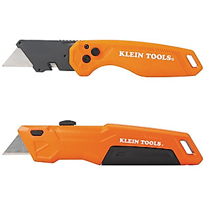 Klein Tools 44312 2-Piece Folding Utility Knife and Slide-Out Knife Set, FLICKBLADE, Retractable with On-Tool Blade Storage, Includes 5 Blades