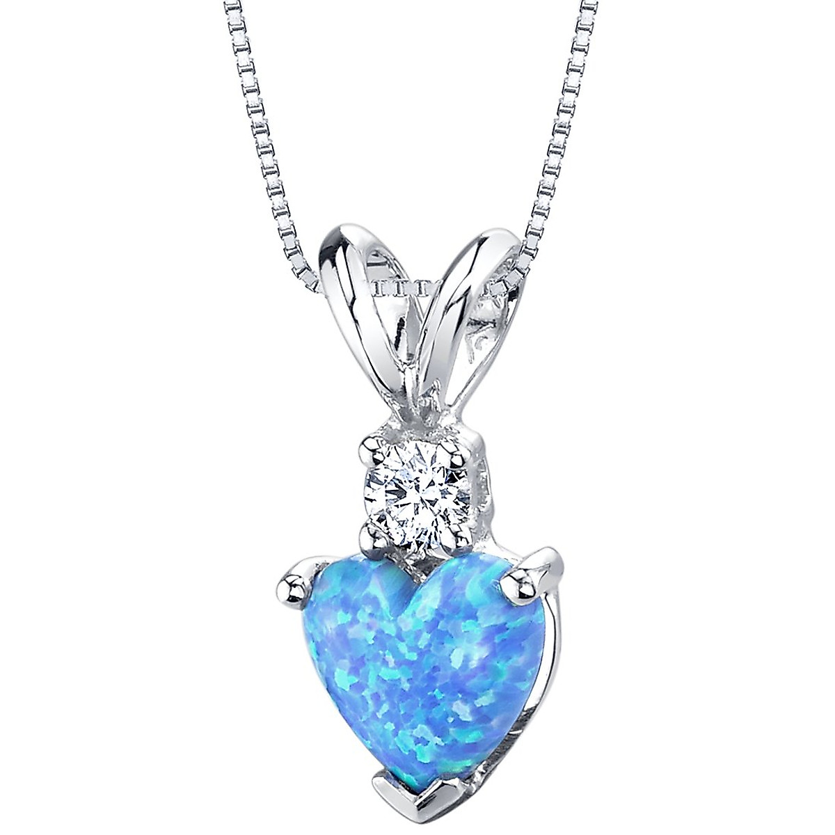 PEORA 14K White Gold Created Blue Opal with Genuine Diamond Pendant, Heart Shape Solitaire, 6mm