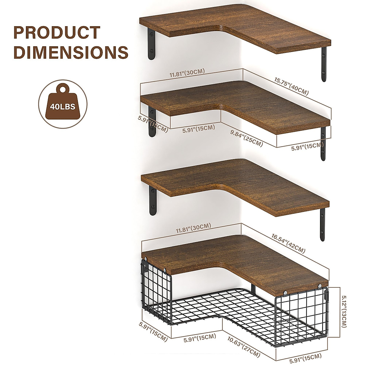 Zincify 4+1 Corner Floating Shelves with Wire Storage Basket, Corner Wall Shelves Rustic Wood for Bathroom, Kitchen, Bedroom, Living Room, Office, Corner Shelf Wall Mounted Dark Brown