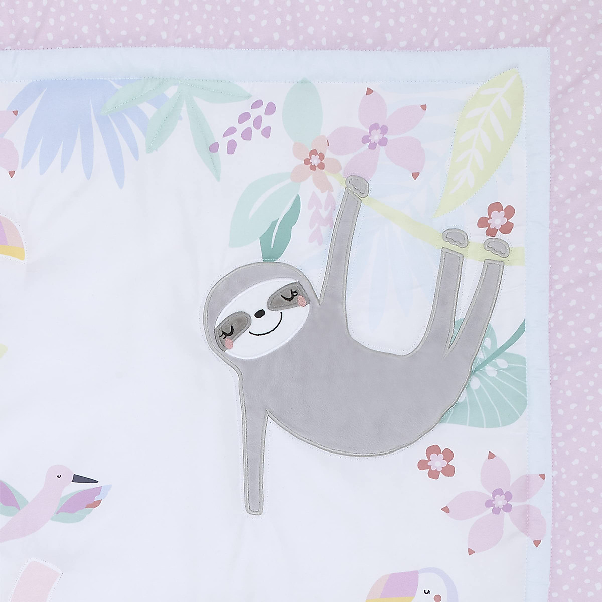 NoJo Little Love Tropical Garden Pink, Green, and White Jungle Animal 3 Piece Nursery Crib Bedding Set - Comforter, Fitted Crib Sheet, and Crib Skirt