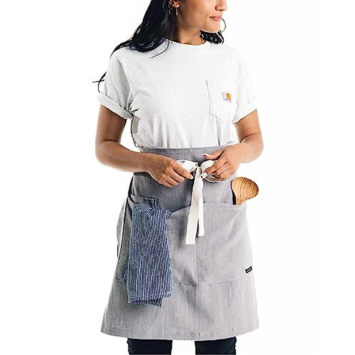 Caldo Linen Bistro Cafe Apron - Professional Grade with Pockets, Half Kitchen Apron, Mid Length 23 x 23, 40 Inch Waist Ties - Durable Unisex Uniform- Server or Chef (Grey)