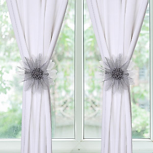 SUQ I OME 2 Pack of Handmade Crystal Pearl Beaded Magnetic Flower Curtain Tieback Holdback for Drapes（Gray
