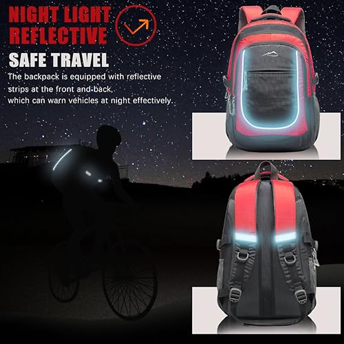 ProEtrade Extra Large Backpack Bookbag for College Travel Laptop Business Hiking Backpack Fit Laptop Up to 17 Inch Sturdy Multi Compartment Gifts for Men Women Night Light Reflective (Light Red)