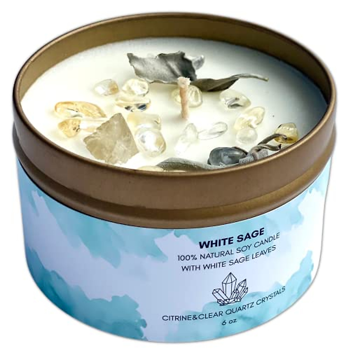 White Sage Smudge Candle with Citrine & Quartz Gemstone Crystals 100% Natural Soy Essential Oils (Sage)