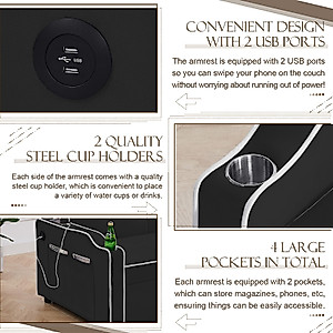 Velvet Pull Out Sleeper Sofa Bed with USB Ports, Convertible Futon Couch with Cup Holders and Pockets, 3 in 1 Modern Loveseat with Adjustable Backrest, Small Love Seat for Living Room, Office, Black