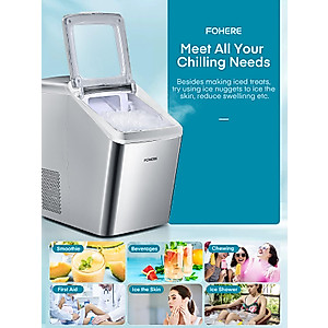 Nugget Ice Maker Countertop, Makes 33lbs Crunchy ice in 24H, 5.3lbs Basket at a time, Self-Cleaning Pebble Ice Machine with Scoop and Basket, Portable Ice Maker for Home/Kitchen/Office/Bar, FOHERE