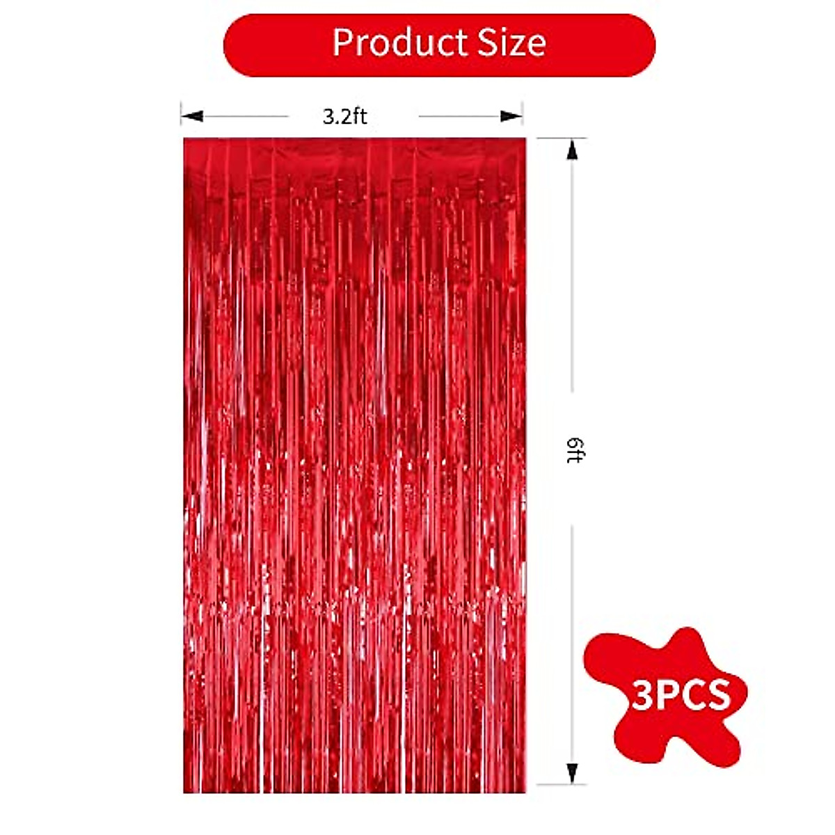 3Pcs Red Metallic Tinsel Foil Fringe Curtains,3.28ft x 6.56ft Photo Booth Props.Glitter String Backdrop Streamers for Door Wall Tassle Curtains Background Birthday, Christmas Party Decorations