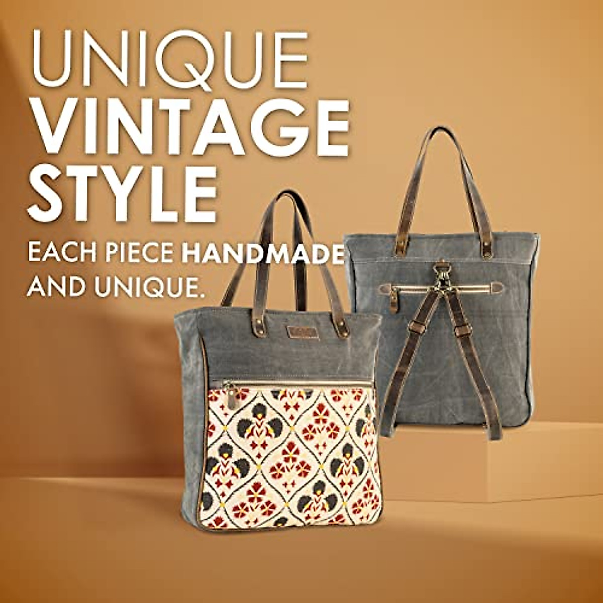 Tote Bags for Women by Sixtease - Large Tote Bag with Zipper Top - Genuine Leather Strap, Upcycled Canvas, Rug, Hair On and Hardware Accents - Vintage Style Hand Stitched - Fossil