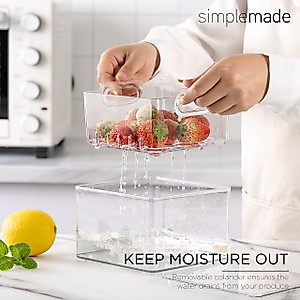 SIMPLEMADE Clear Berry Bins - Berry Keeper Container, Fruit Produce Saver Food Storage Containers with Removable Drain Colanders, Vegetable Fresh Keeper Set - Refrigerator Organizer (Square)